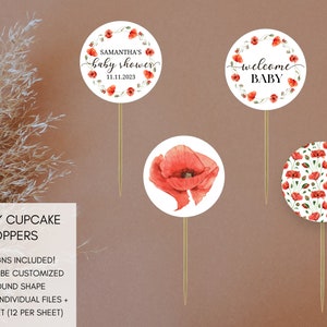 Red Poppy Cupcake Toppers | Printable Editable Digital Baby Shower ...
