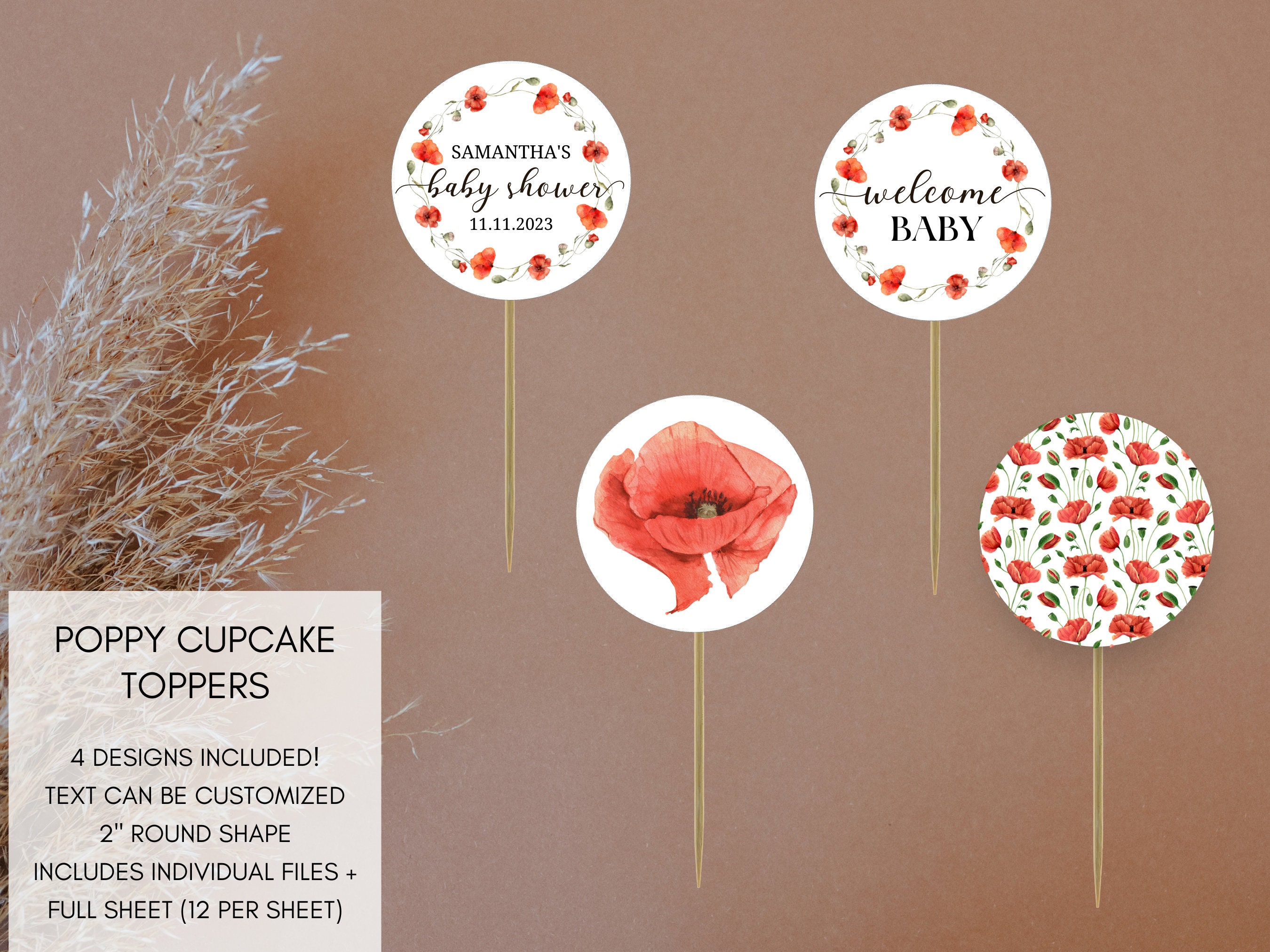 Red Poppy Cupcake Toppers | Printable Editable Digital Baby Shower ...