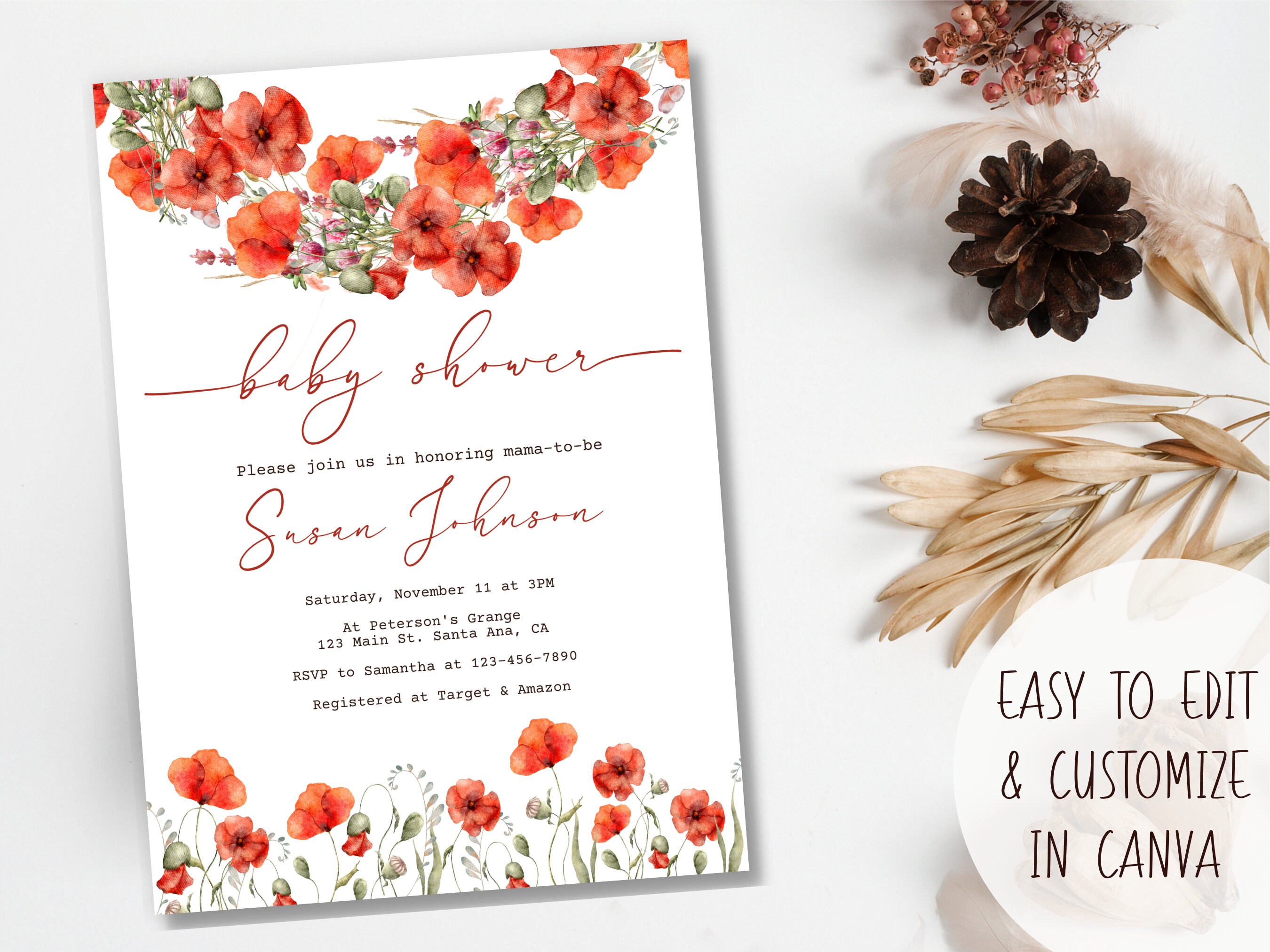 Beautiful Red Poppy Baby Shower Invitation | Download Digital Print ...