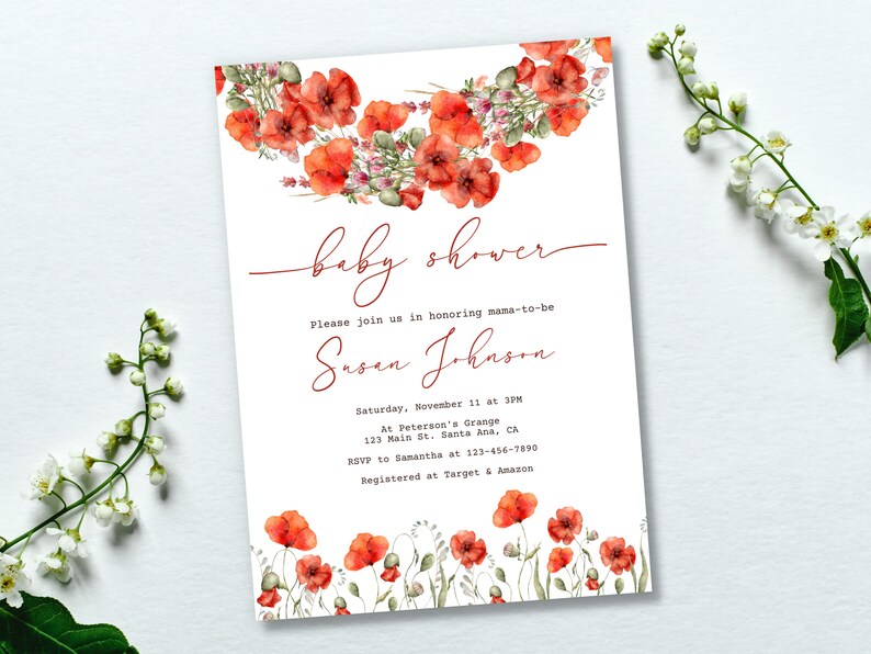 Beautiful Red Poppy Baby Shower Invitation | Download Digital Print ...