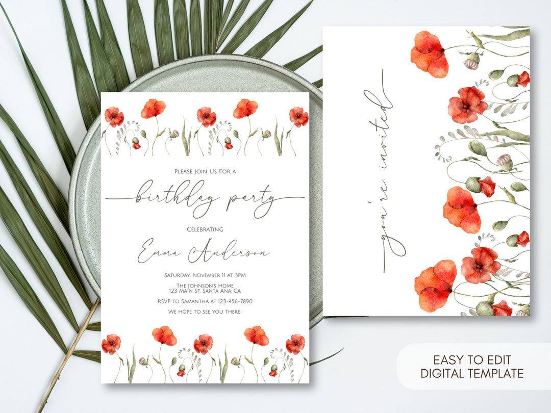 Poppy Garden Birthday Party Invitation | DIY Digital Edit Print Instant ...