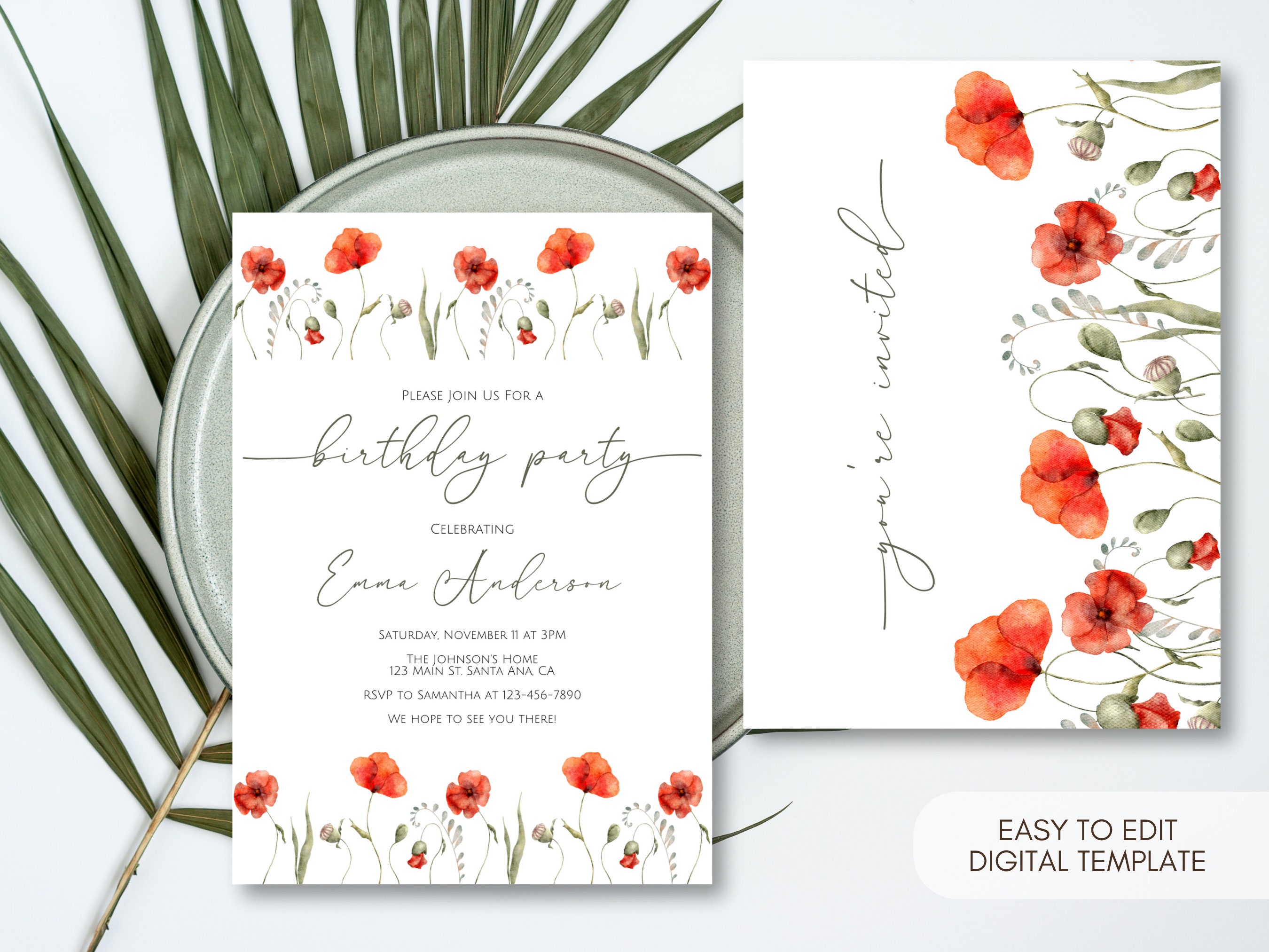 Poppy Garden Birthday Party Invitation | DIY Digital Edit Print Instant ...