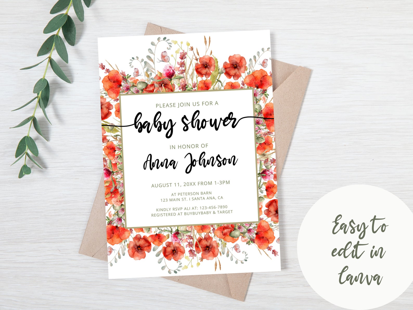 Poppy Baby Shower Digital Printable Invitation | Instant Download I ...