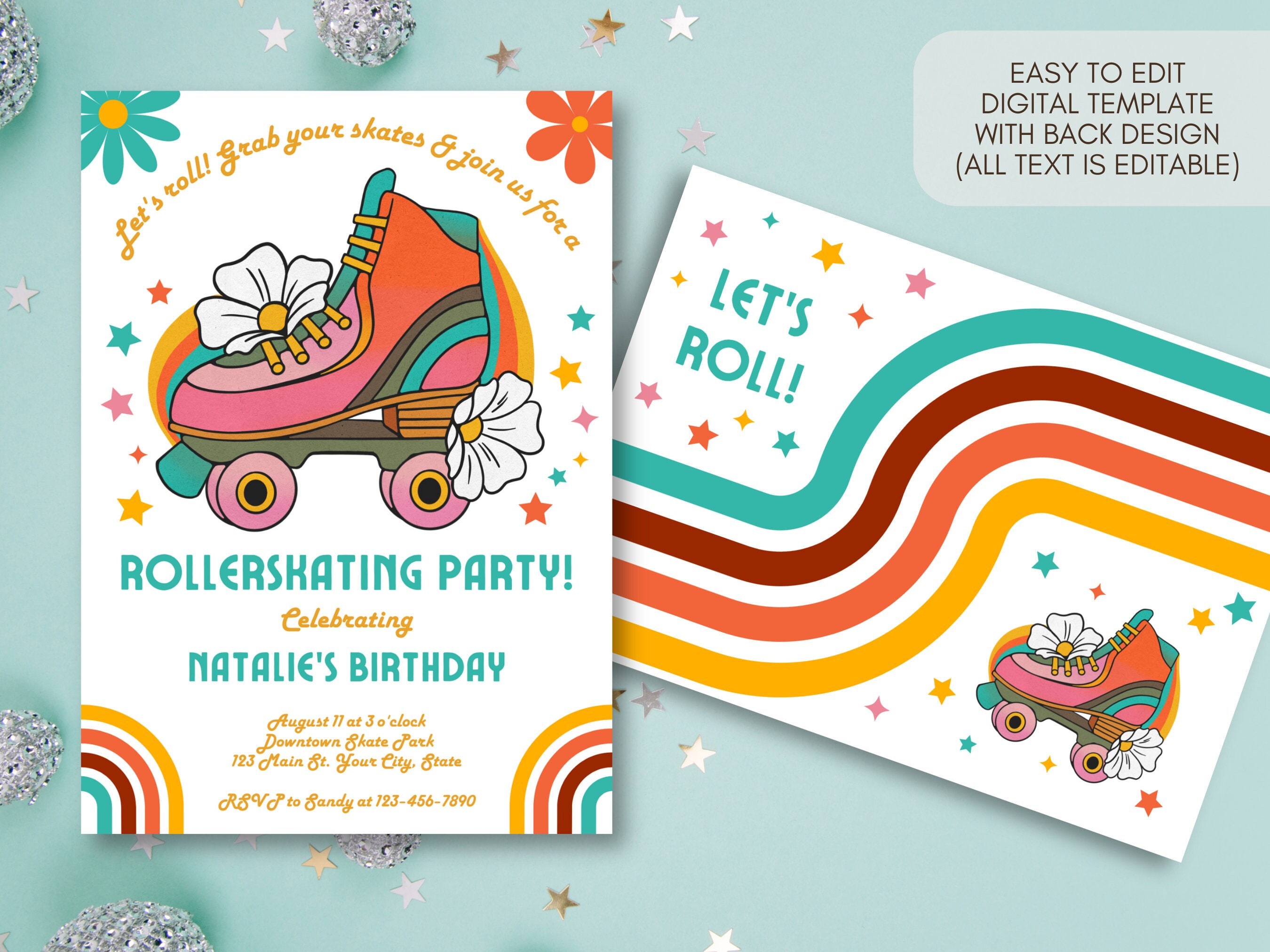 Retro Rollerskating Birthday Party Invitation | DIY Digital Edit Print ...