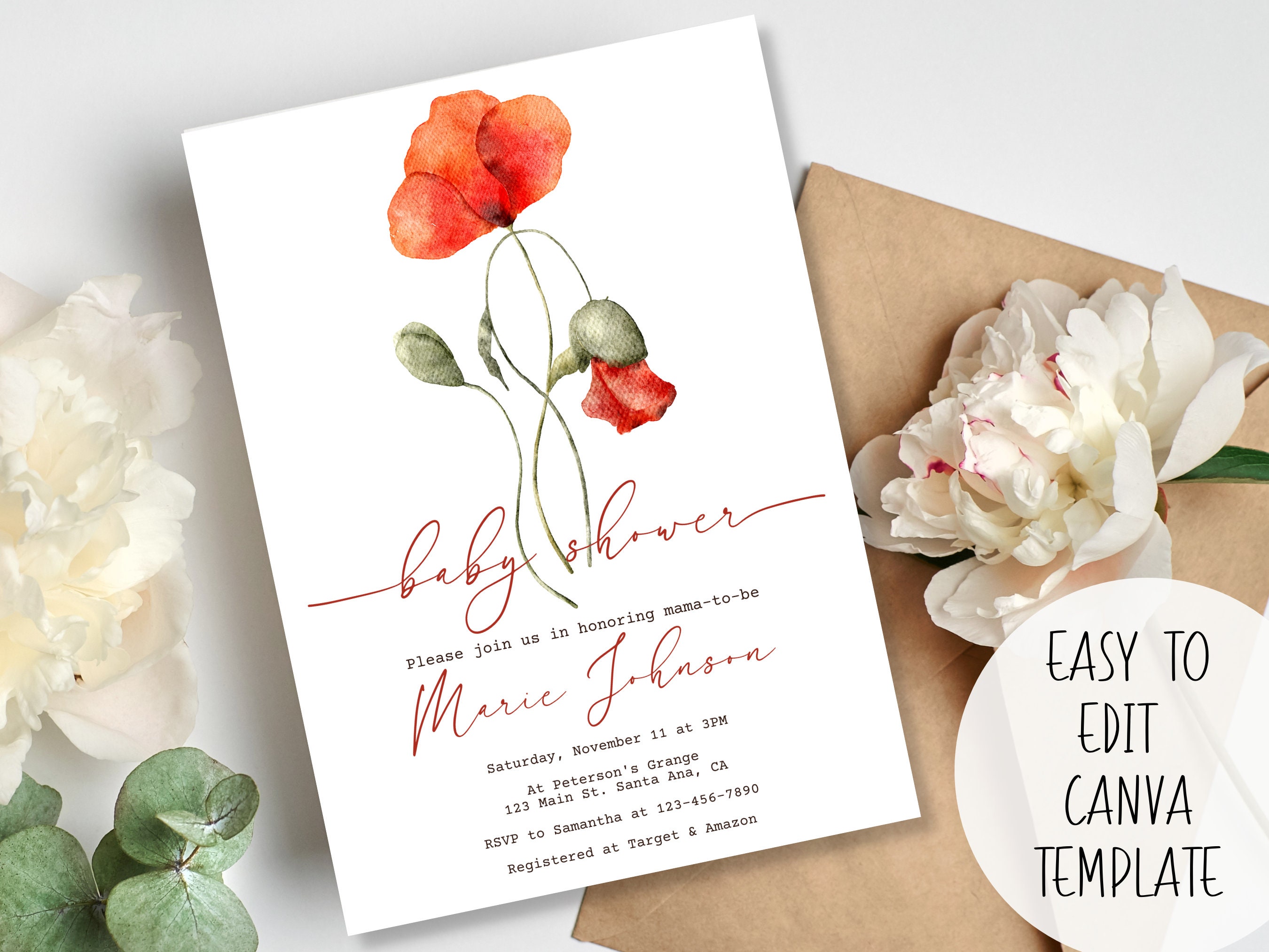 Watercolor Red Poppy Baby Shower Invitation Bundle | Instant Download ...