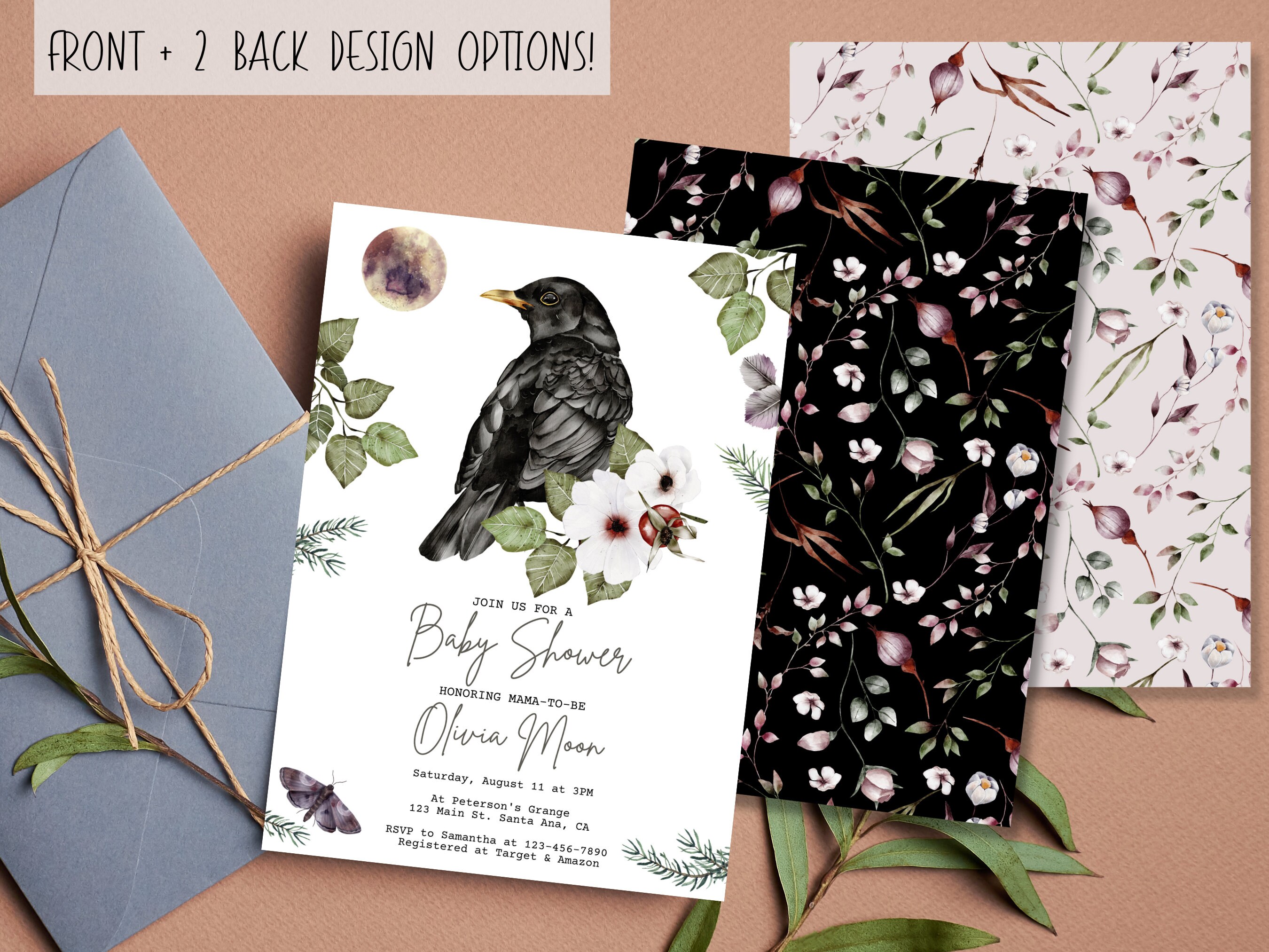 Wild Rose, Crow + Full Moon Baby Shower Invitation | Instant Download ...