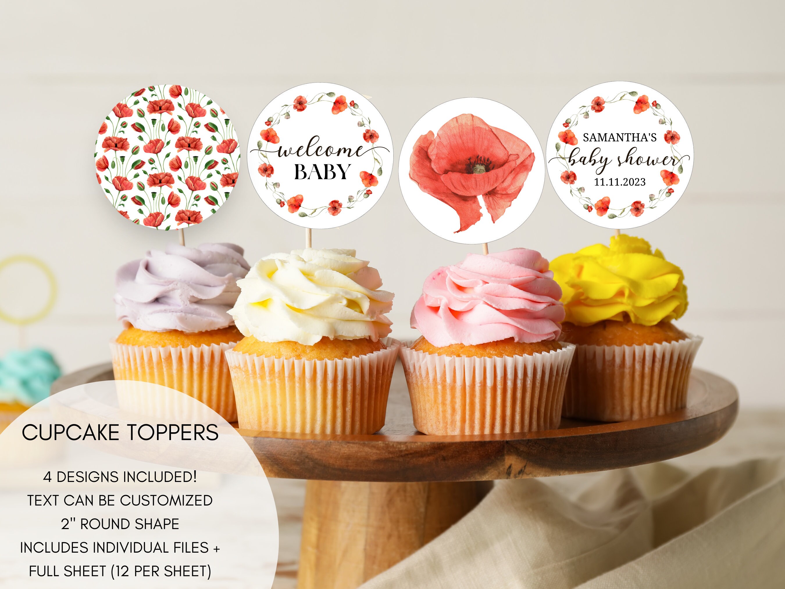 Red Poppy Cupcake Toppers | Printable Editable Digital Baby Shower ...