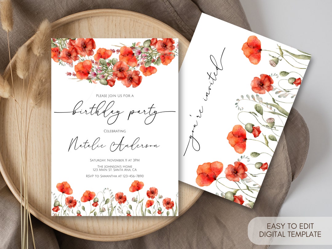 Red Poppy Birthday Party Invitation | DIY Digital Edit Print Instant ...
