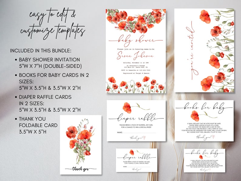 Beautiful Red Poppy Baby Shower Invitation Bundle | Instant Download ...