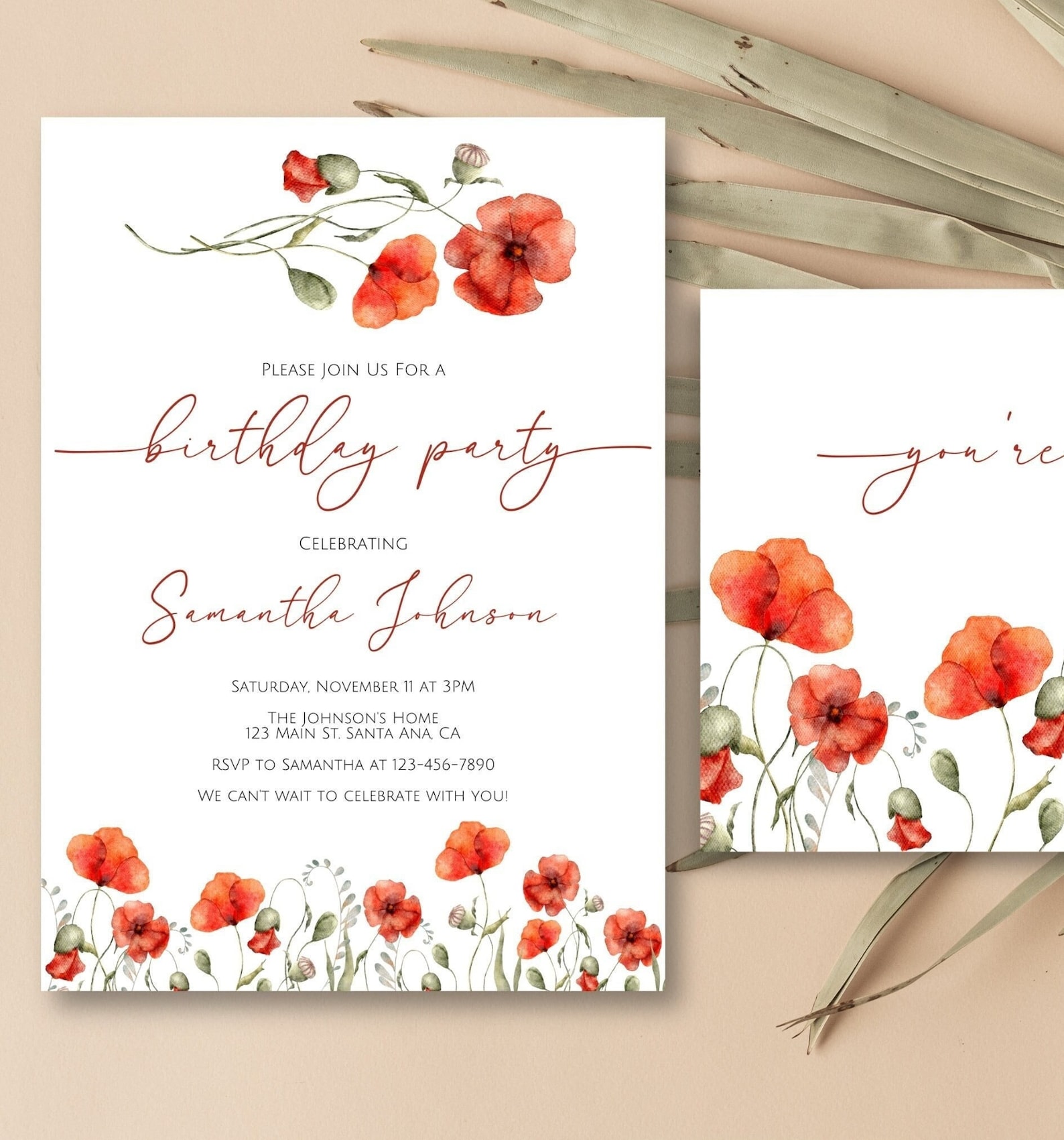 Poppy Birthday Party Invitation | DIY Digital Edit Print Instant ...