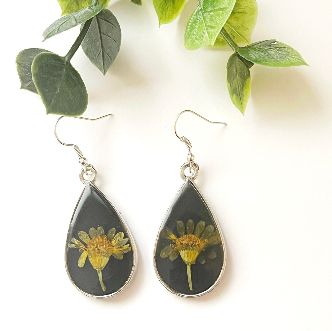 Pressed Yellow Flower Earrings, Real Dried Flower Jewelry, Flower Resin ...