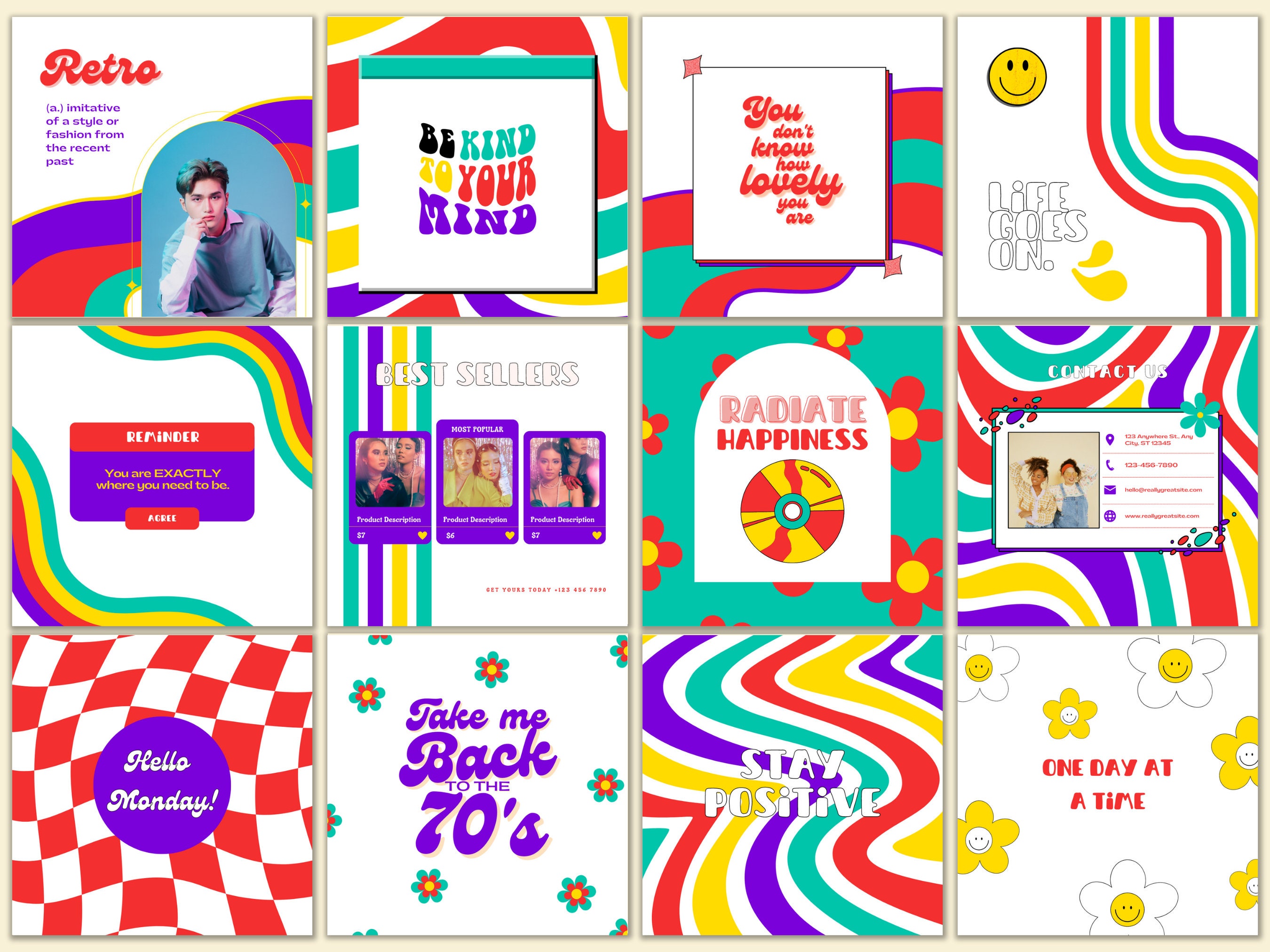 Bright Retro 70s Instagram Theme Templates Bundle Retro Instagram Post ...