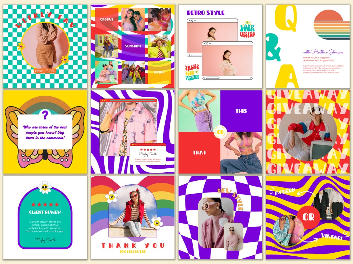 Bright Retro 70s Instagram Theme Templates Bundle Retro Instagram Post ...
