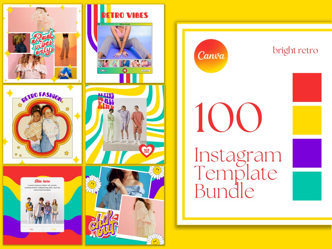 Bright Retro 70s Instagram Theme Templates Bundle Retro Instagram Post ...