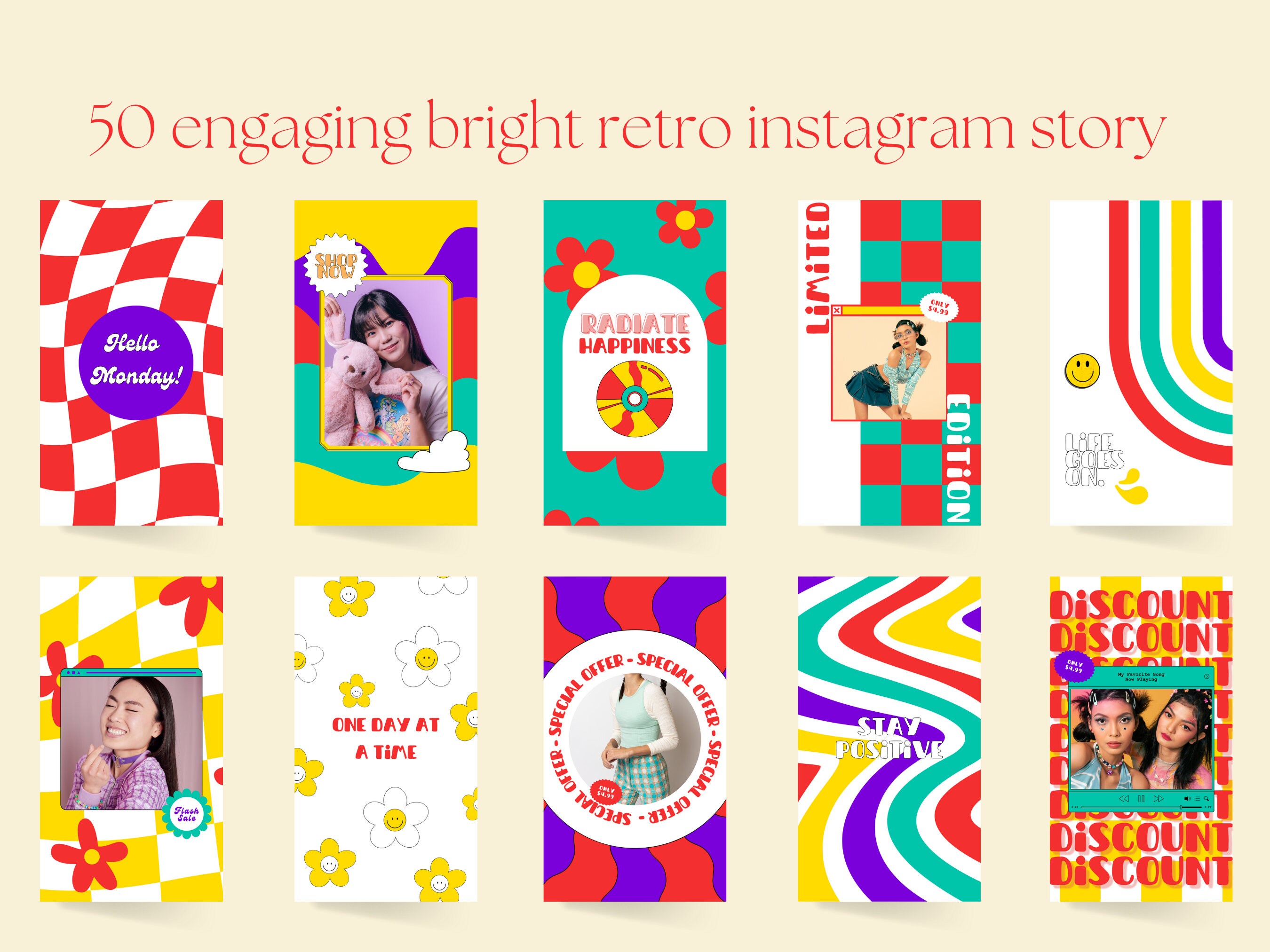 Bright Retro 70s Instagram Theme Templates Bundle Retro Instagram Post ...