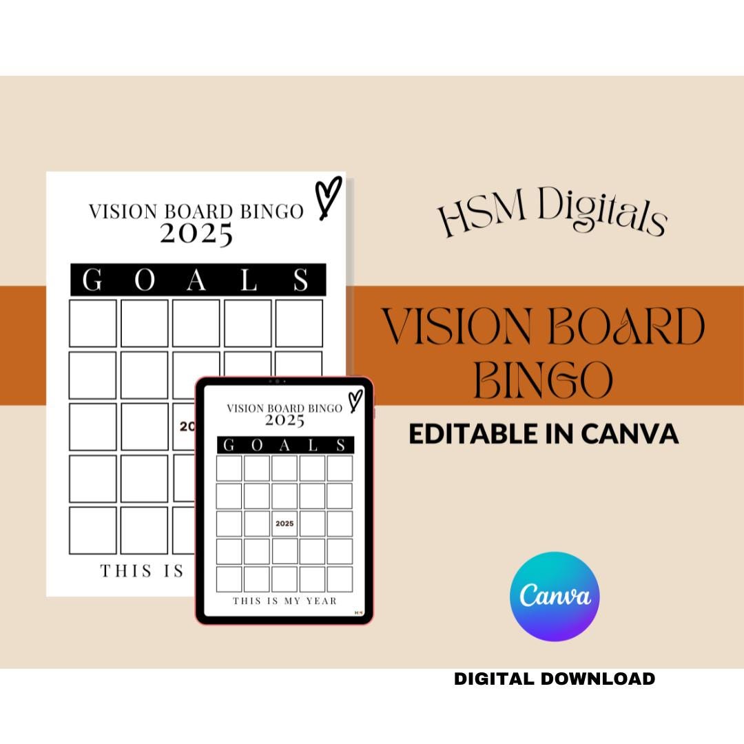 Vision Board Bingo | Editable Canva Bingo Template | 2025 Goal Planner ...