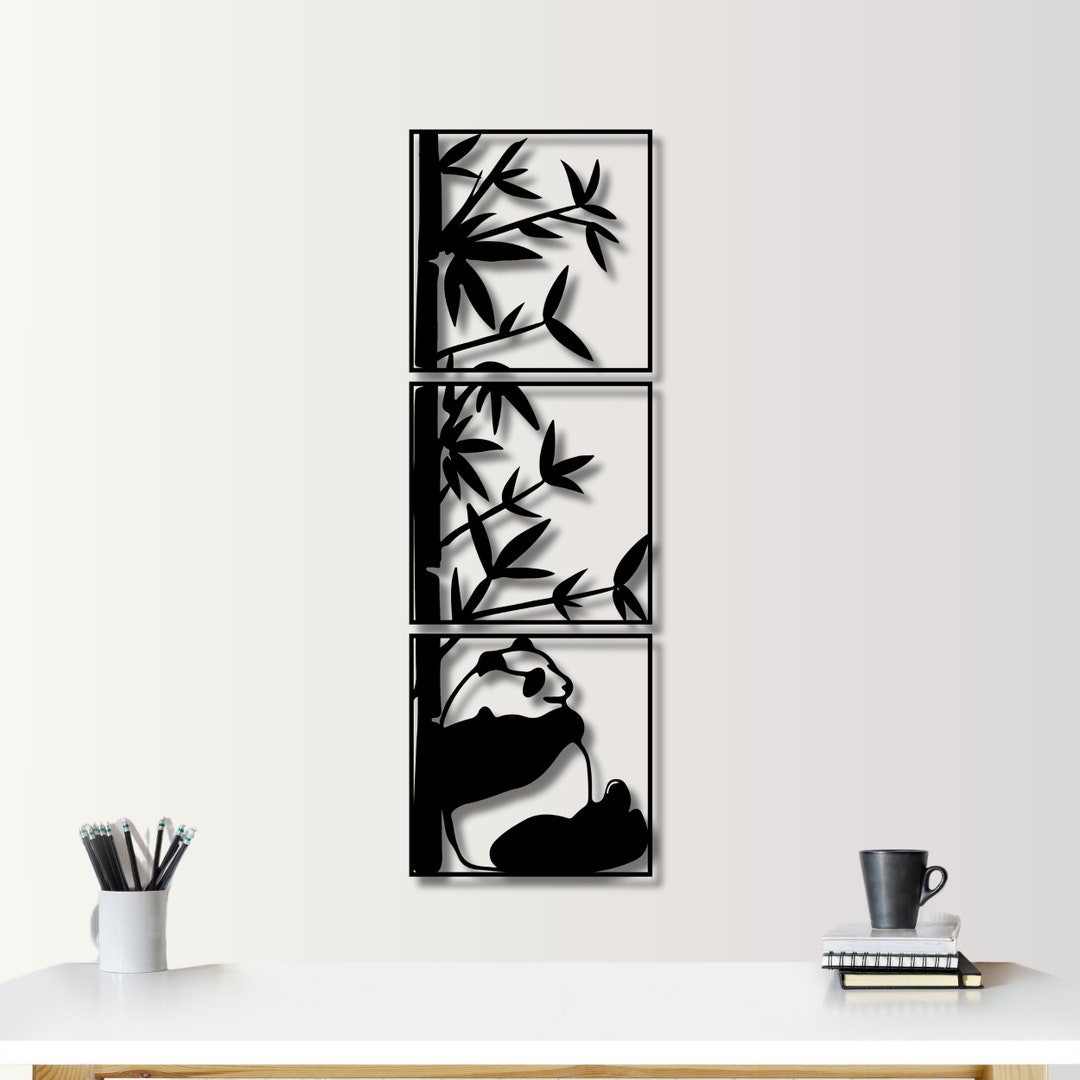 Three Panel Panda & Bamboo Metal Wall Art, Panel Bamboo Forest Scene ...