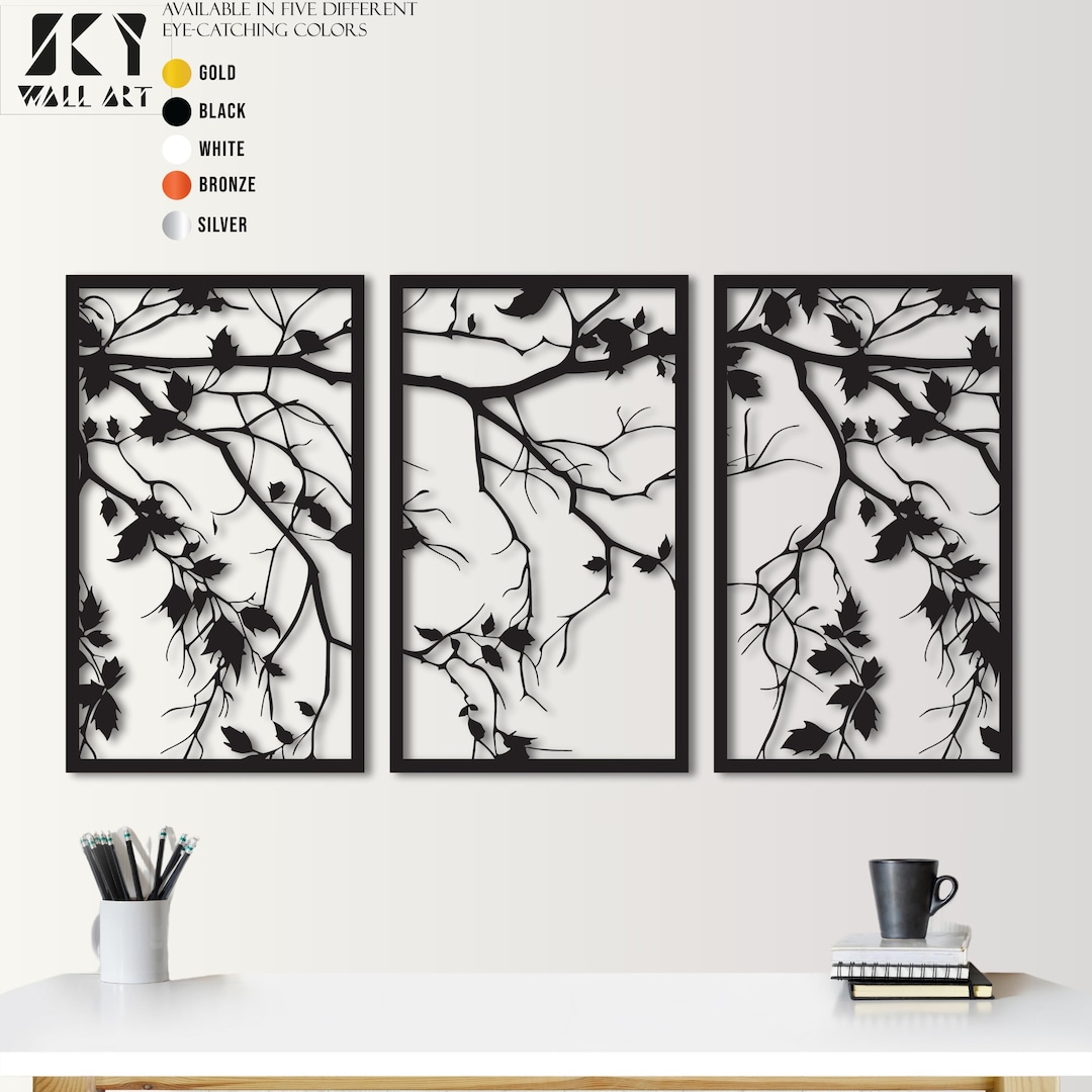 Metal Tree Branch Wall Art: Modern Minimalist Sculpture, Three Panel ...