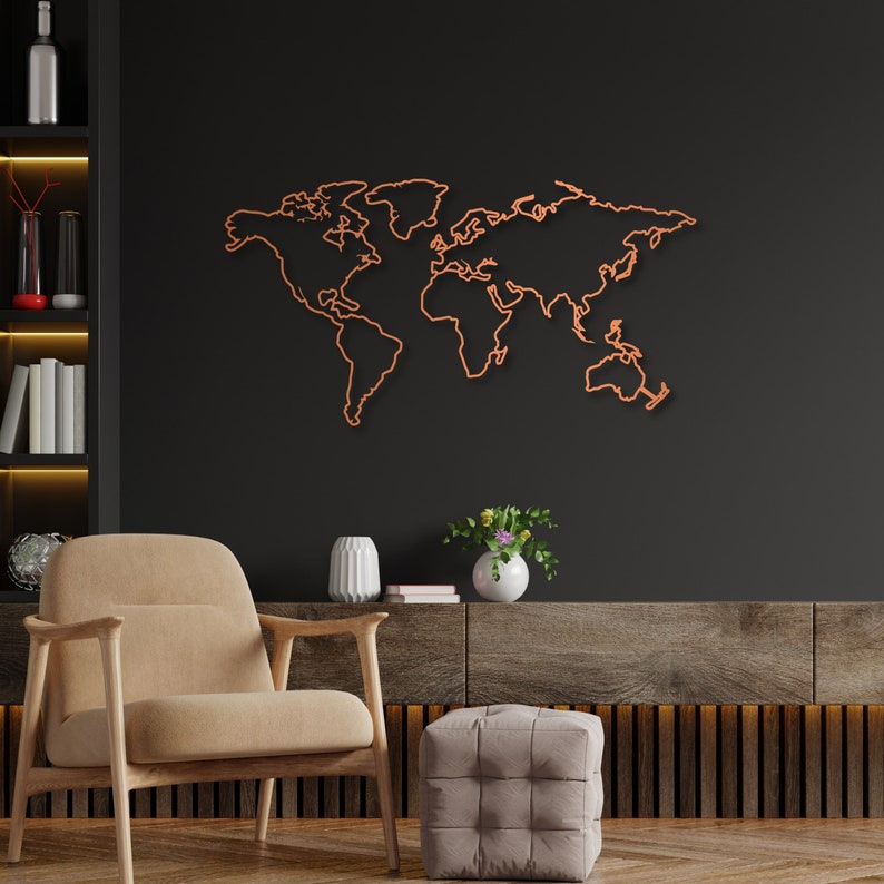 Metal World Map Wall Art: Modern Line Art Home Decor, Minimal Line Art ...