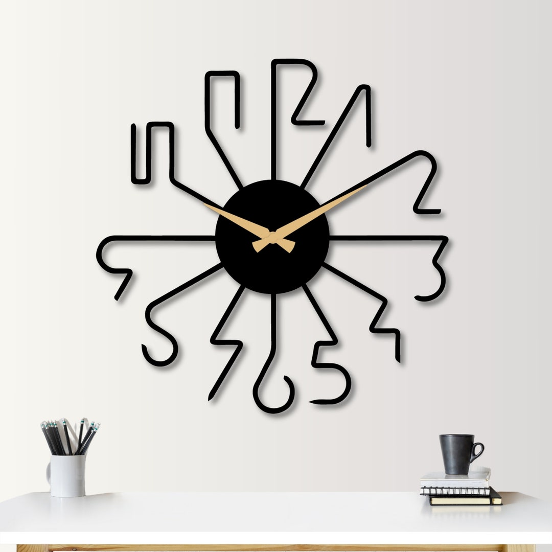 Minimalist Metal Wall Clock With Elven Rune Markings, Dark and Elegant ...