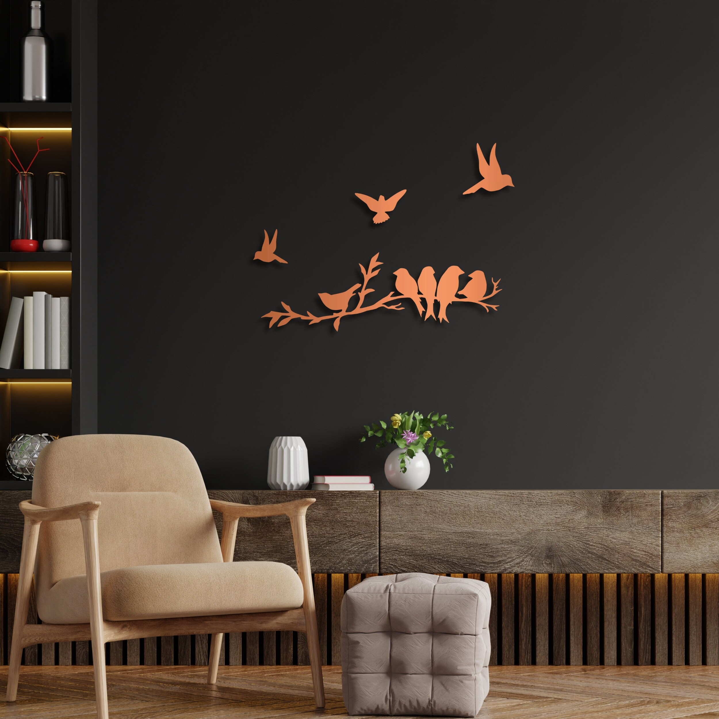 Metal Birds Wall Art, Birds on Branch With Flying Birds, Nature Metal ...