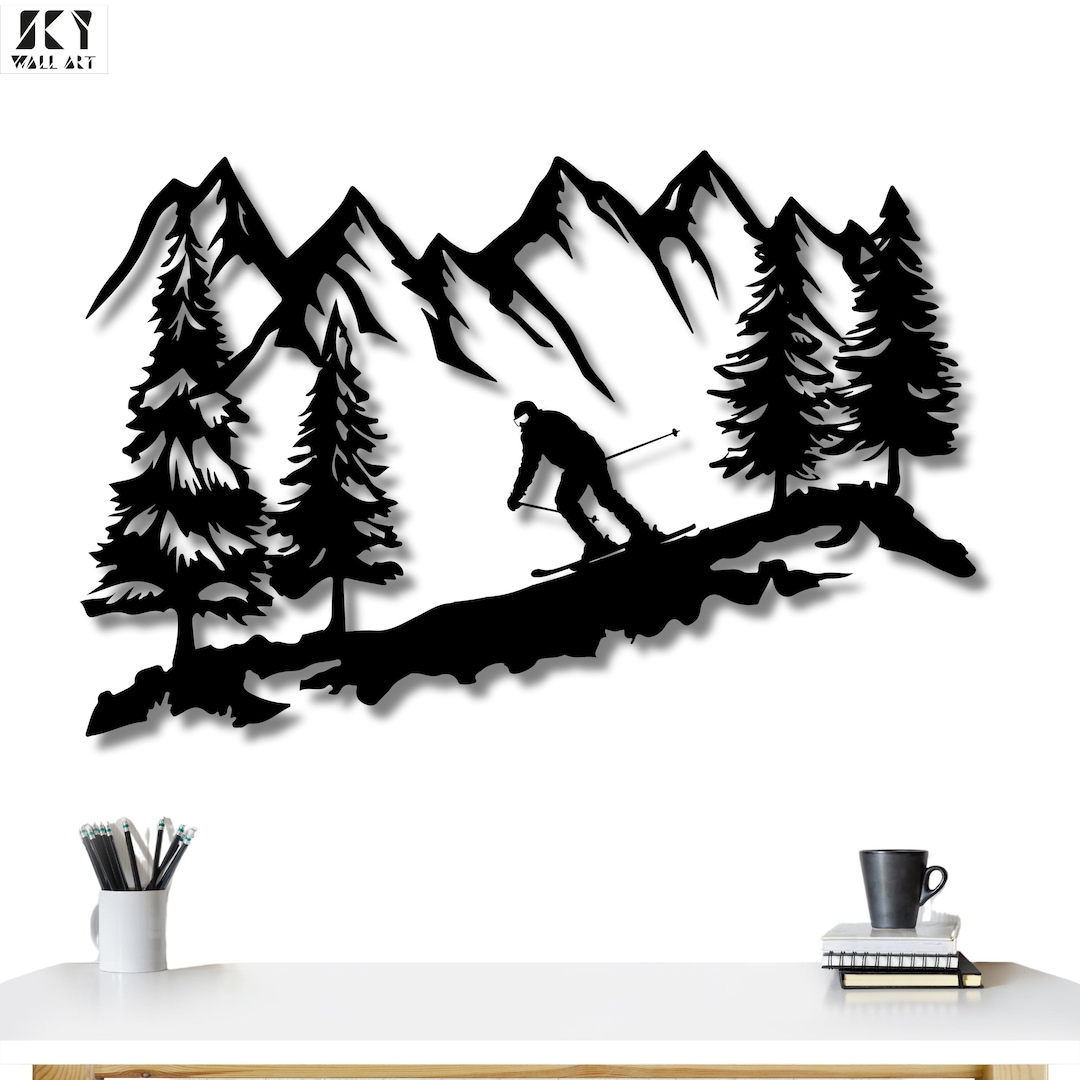 Skiing Mountain Metal Wall Art: Rustic Adventure Decor, Skier ...