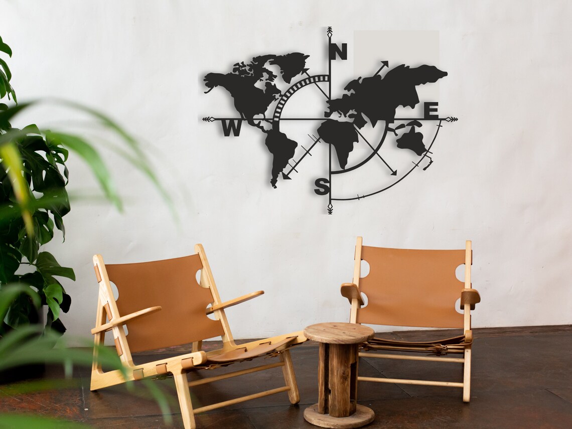 Metal Map Wall Decor World Map Compass Continent Metal World - Etsy