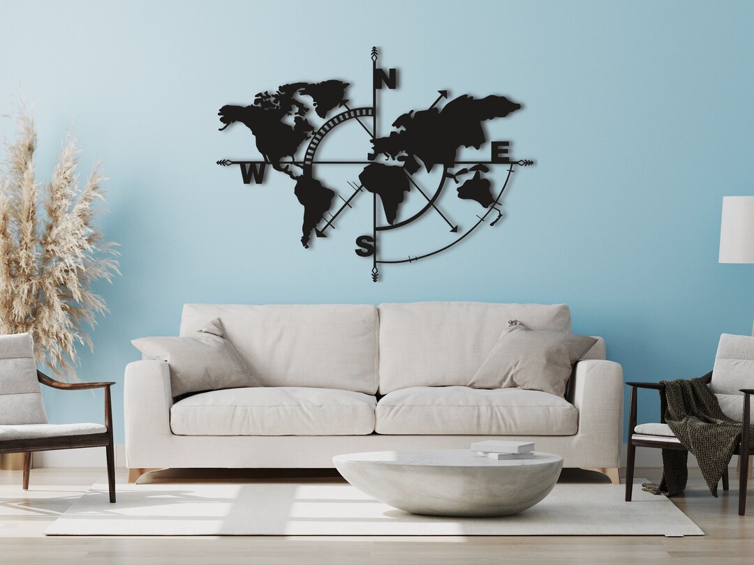 Metal Map Wall Decor World Map Compass Continent Metal World - Etsy