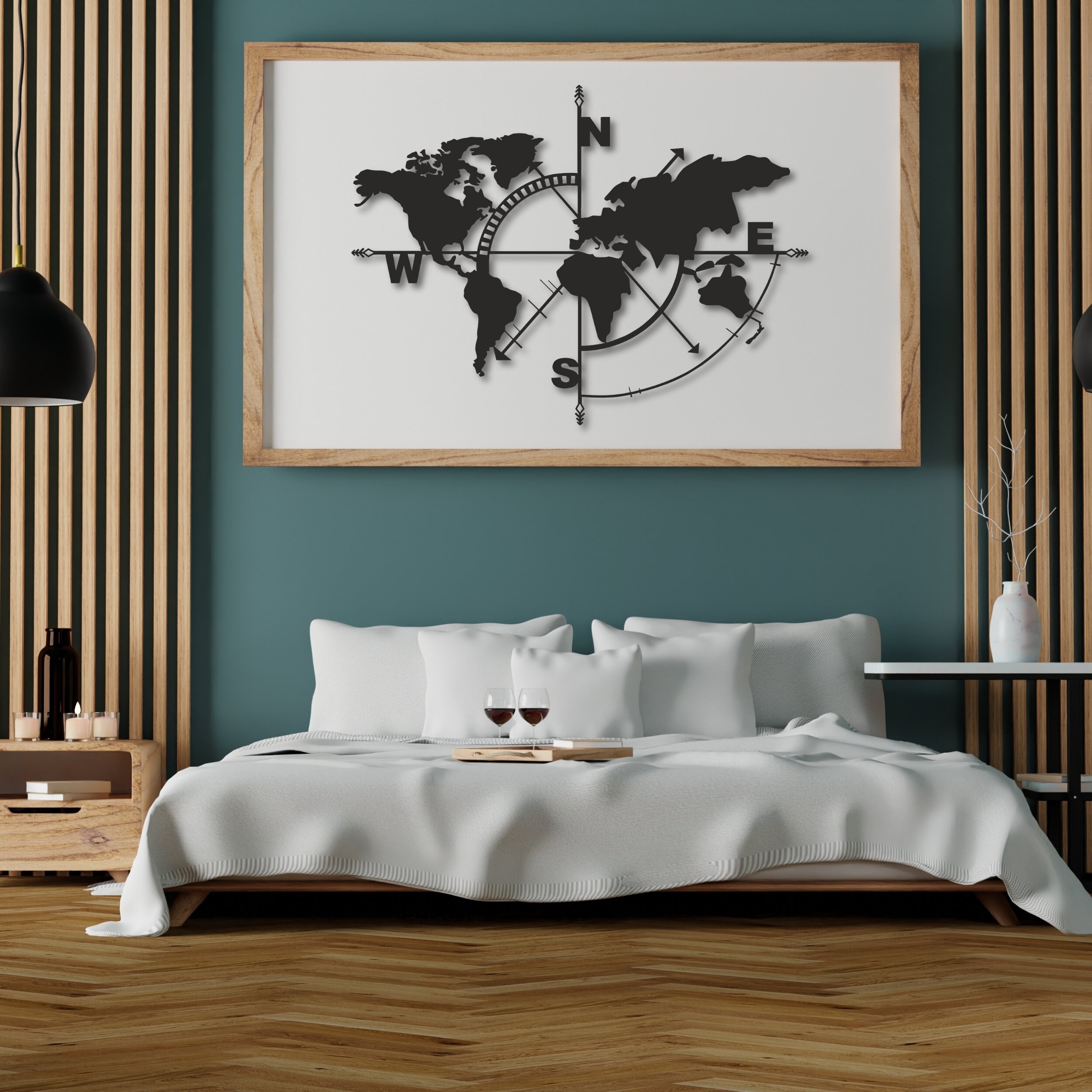 Metal World Map With Compass: Modern Travel Wall Art, Oversized Metal ...