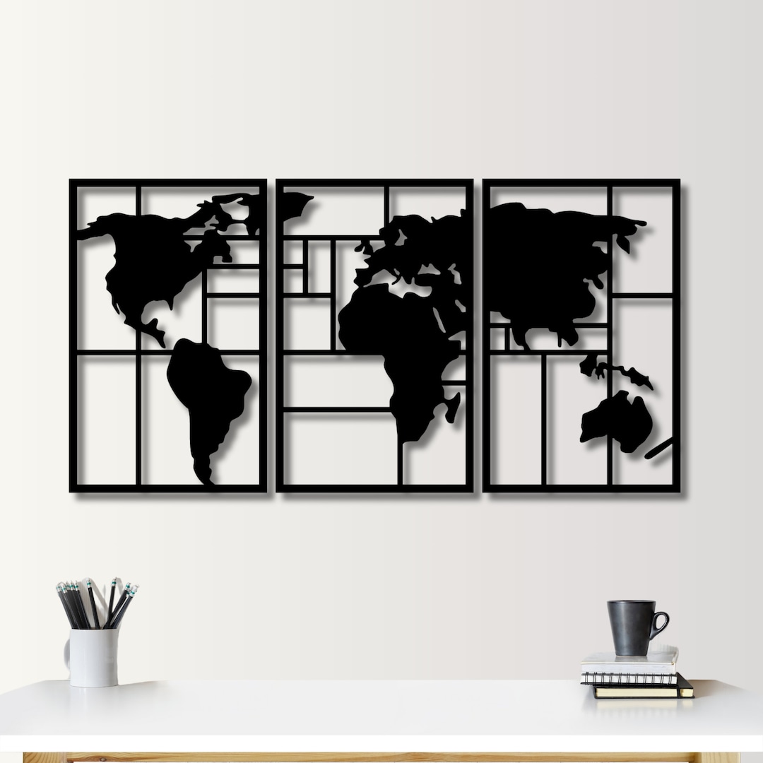 3 Panel Metal World Map Wall Art, Large Metal World Map for Home Decor ...