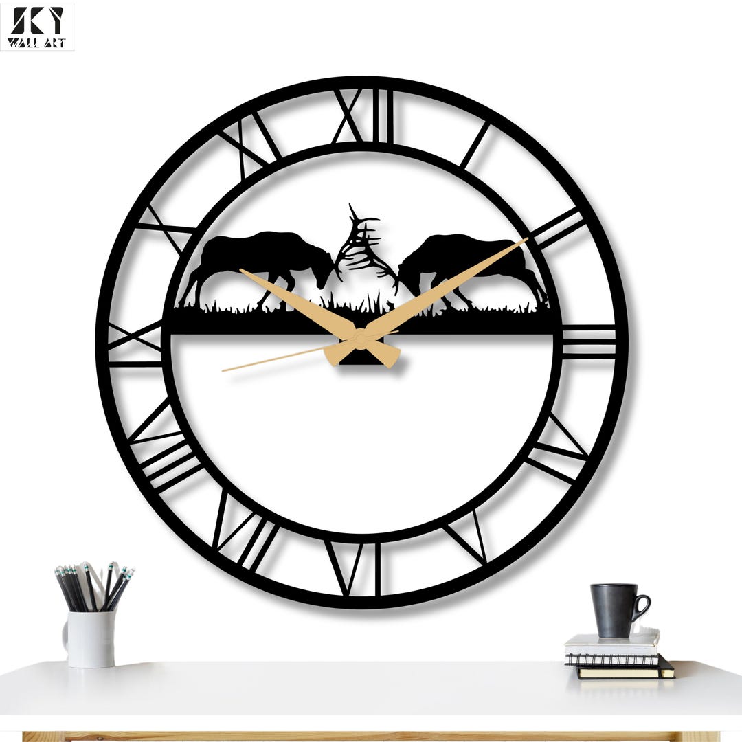 Deer Fight Silhouette Metal Clock | Roman Numeral Wildlife Wall Art ...