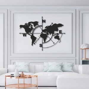 Metal Map Wall Decor, World Map Compass Continent, Metal World Map Wall ...