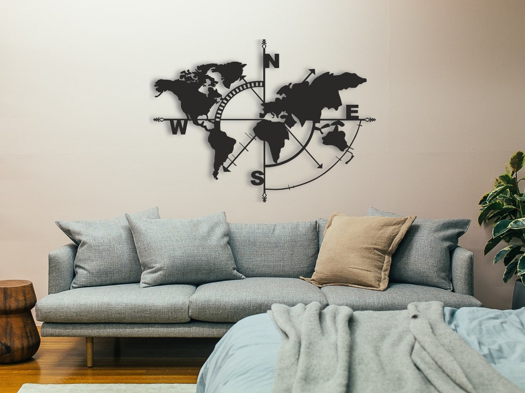 Metal Map Wall Decor World Map Compass Continent Metal World - Etsy