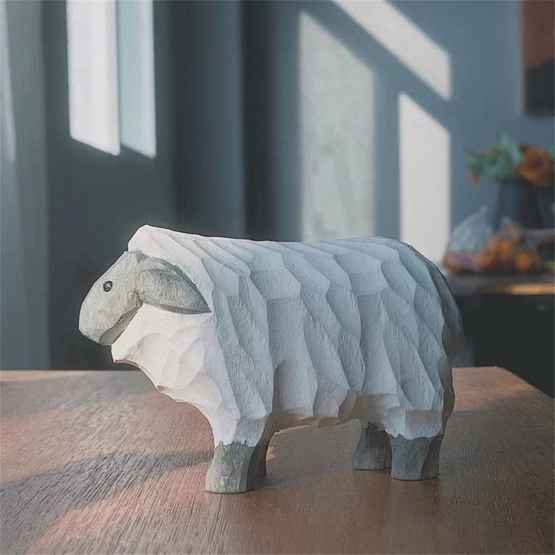 Handmade Wood Carving Sheep, Cute Wood Sheep Sculpture, White Sheep ...