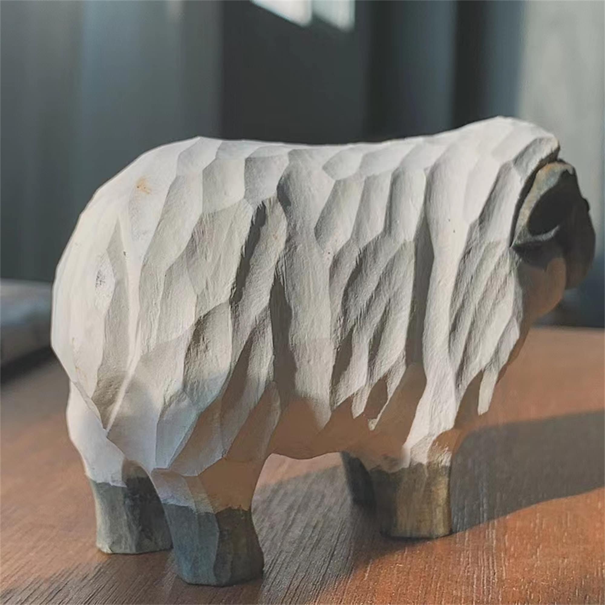 Handmade Wood Carving Sheep, Cute Wood Sheep Sculpture, White Sheep ...
