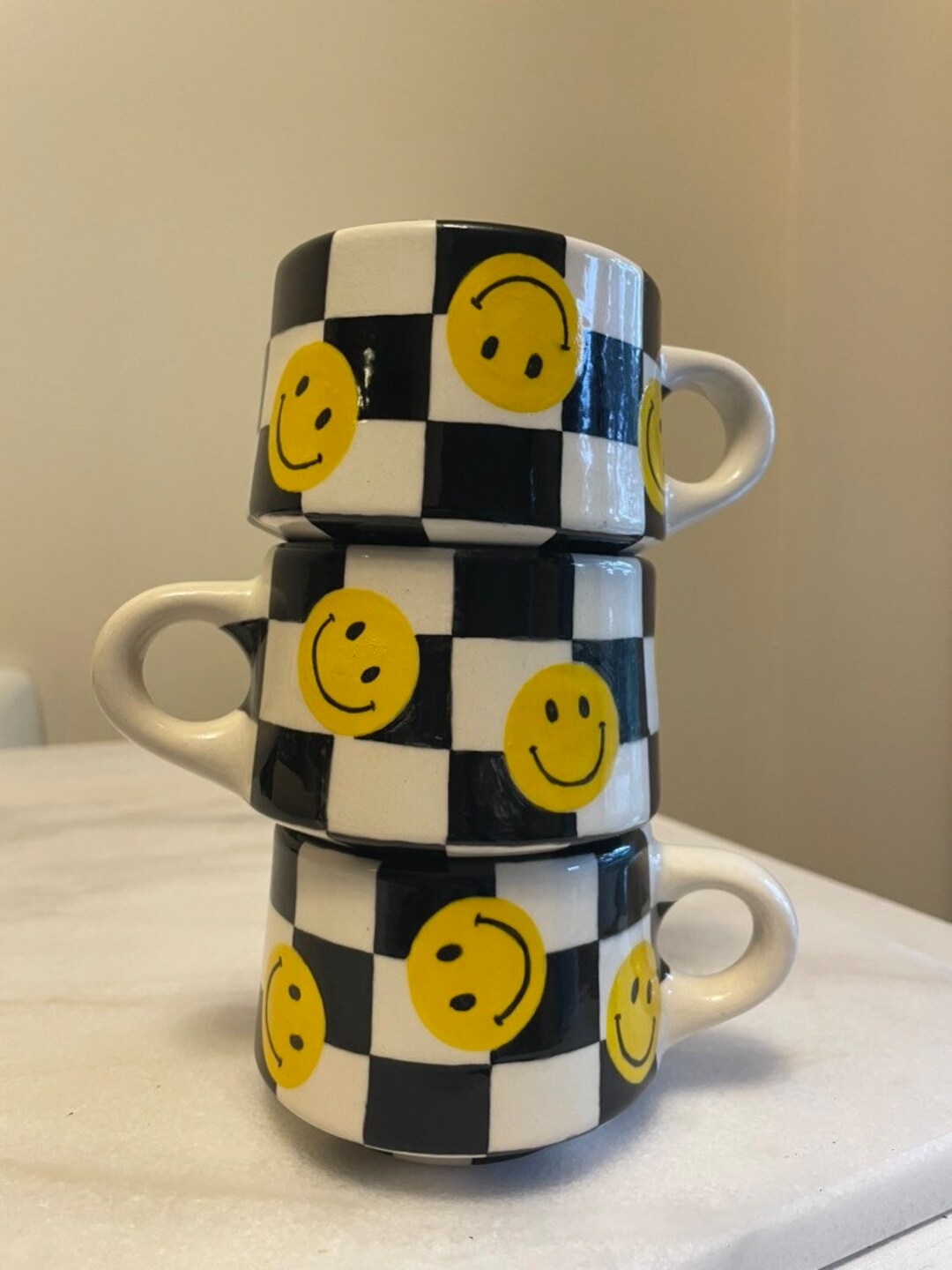 Checkered Mug / Black and White Mug / Smiley Mug / Hand Made Coffee Mug ...