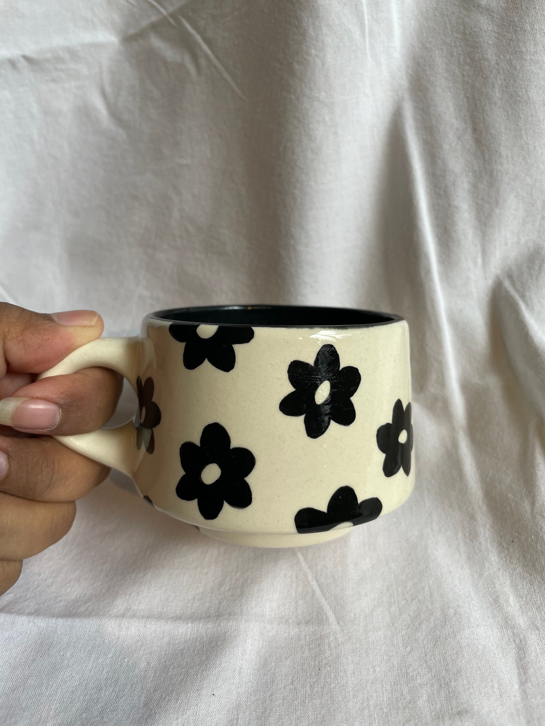 Black Flowers Mug / Black and White Mug / Hand Made Mug - Etsy