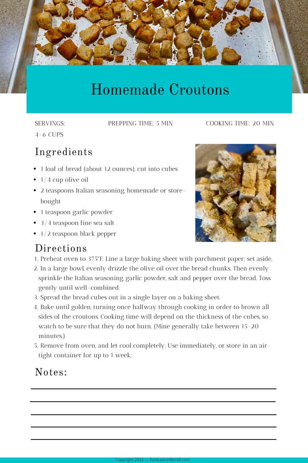 Homemade Croutons Printable Recipe // Printable PDF - Etsy