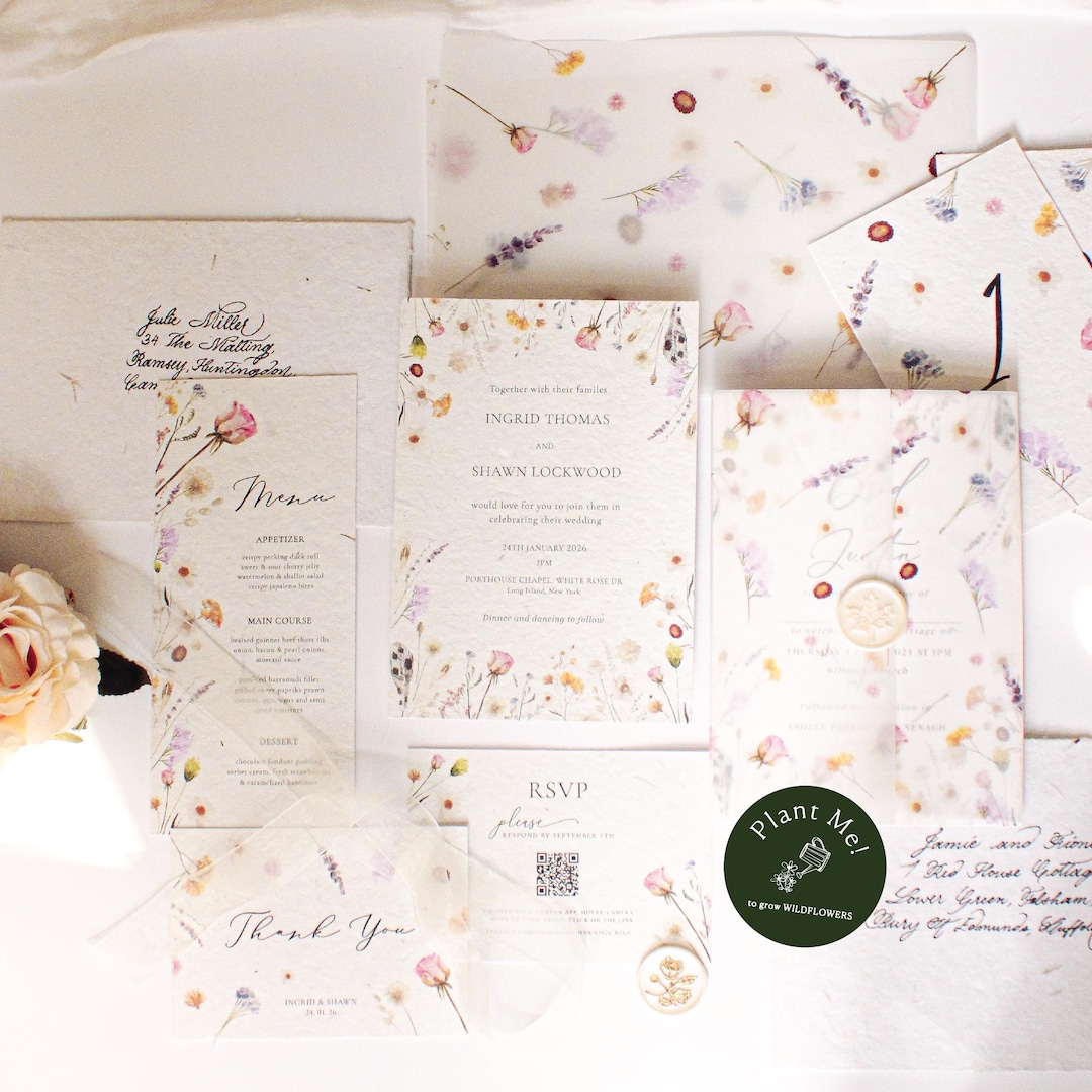 Pressed Flower Wedding Invitation Suite on Seed Paper – Handmade ...