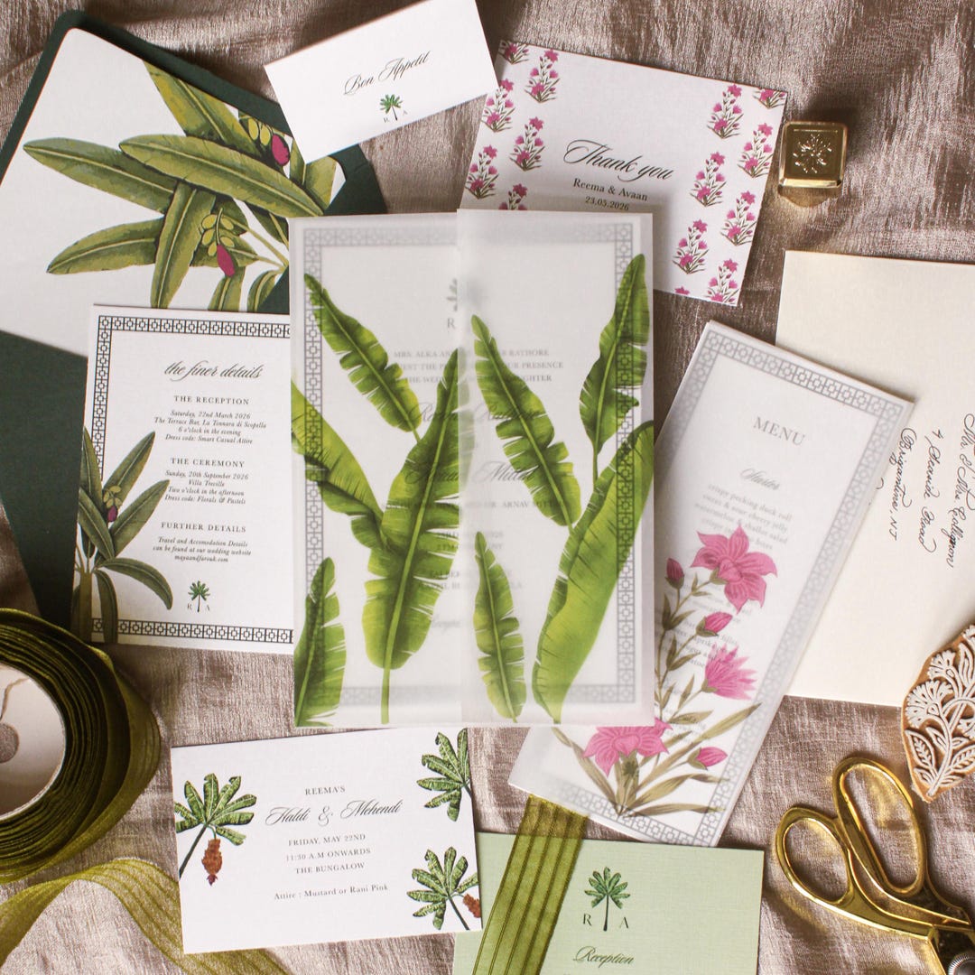 Tropical Wedding Invitation Suite: White Lotus, Mango & Plantain Design ...