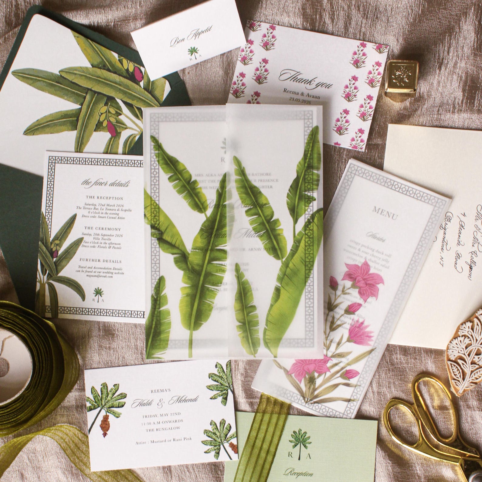 Tropical Wedding Invitation Suite: White Lotus, Mango & Plantain Design ...