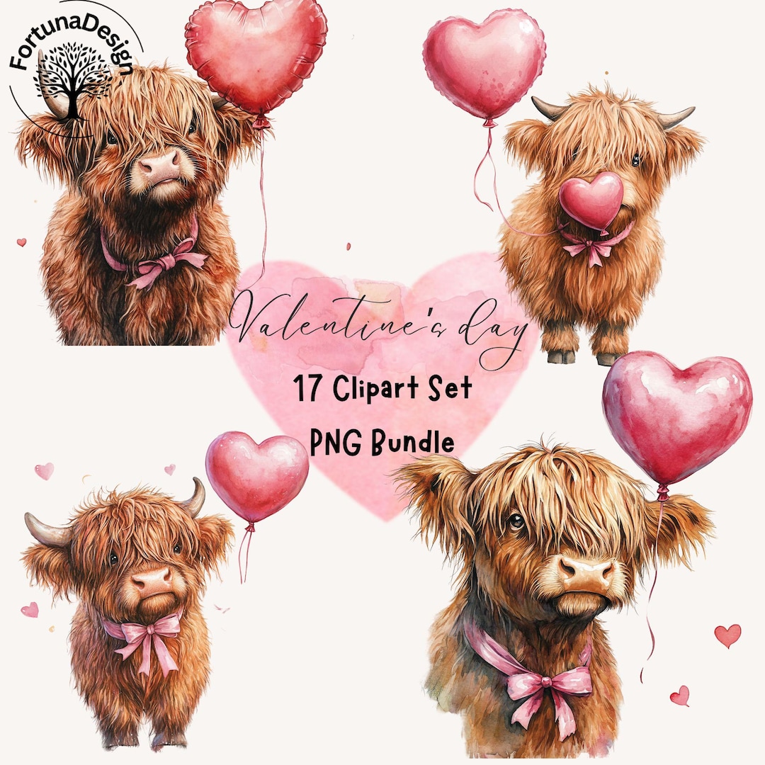 Valentine Highland Cow Clipart Romantic Rustic Designs Cute Watercolor ...