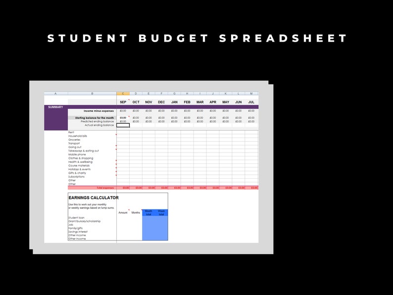 College Student Budget Spreadsheet Microsoft & Google Spreadsheet ...