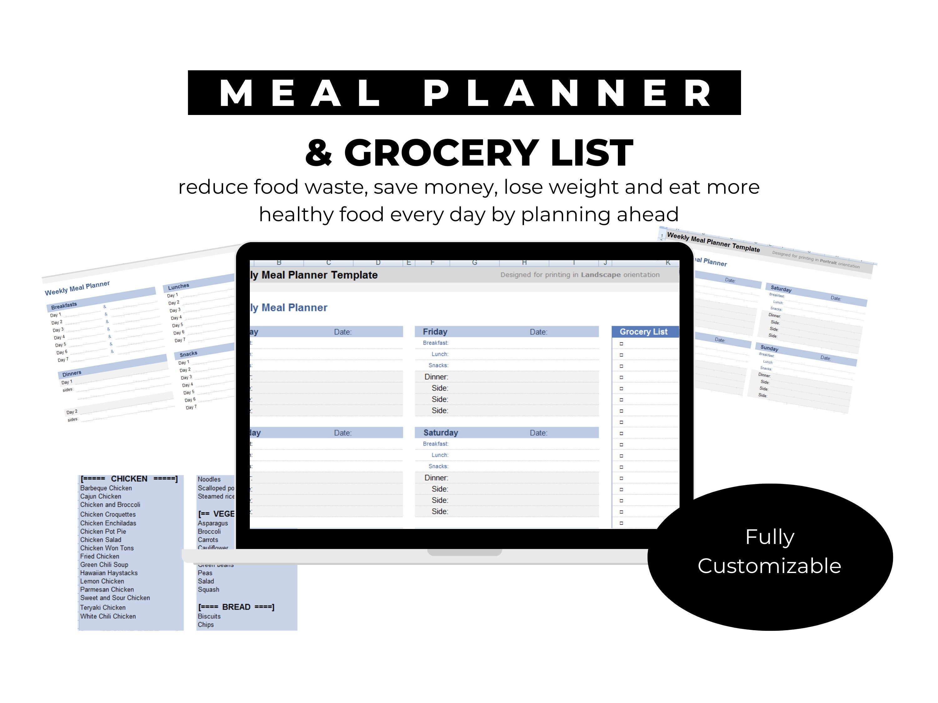 Editable Weekly Meal Planner, Grocery List | Printable, Digital | Meal ...