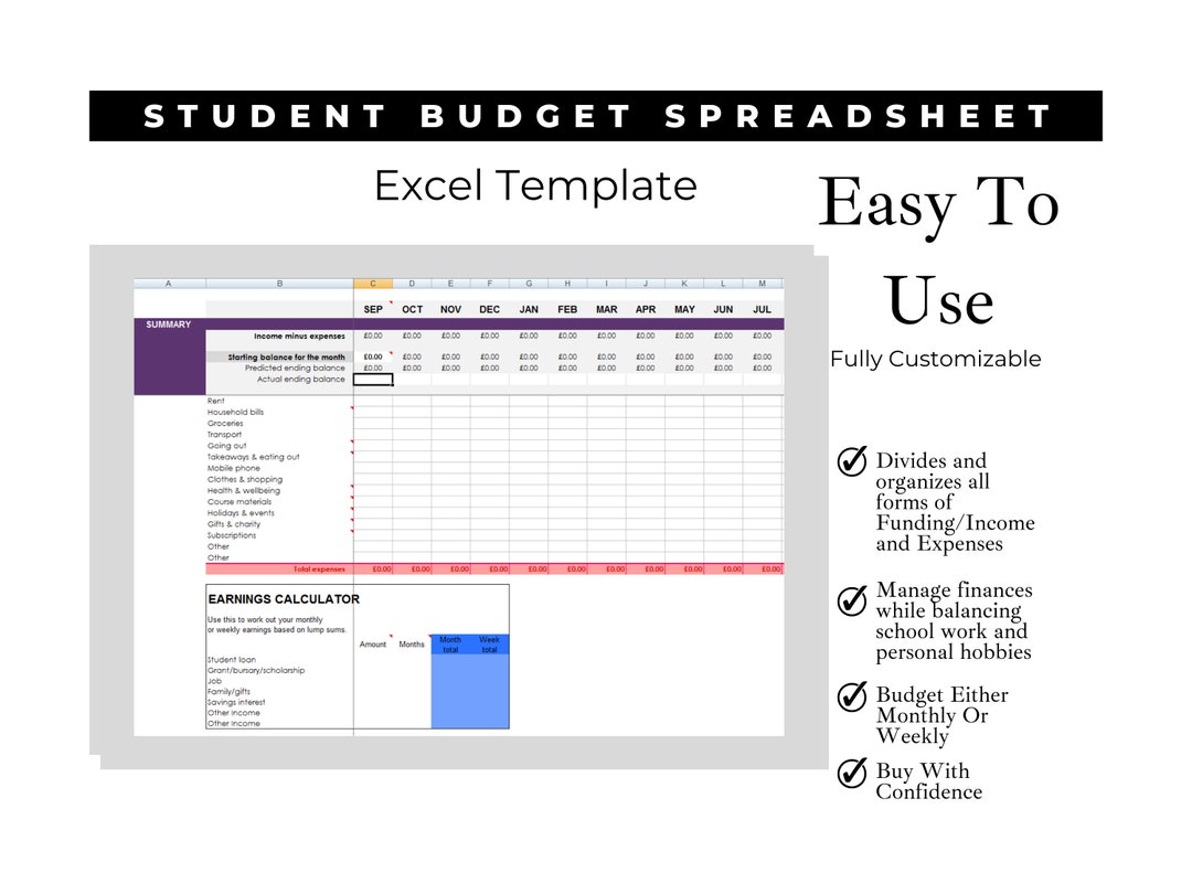College Student Budget Spreadsheet Microsoft & Google Spreadsheet ...