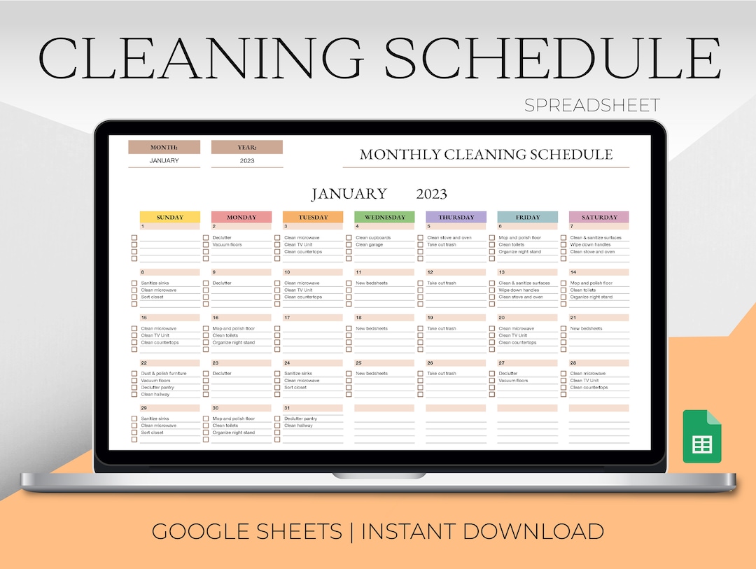 Monthly Cleaning Schedule Google Sheets Template | Cleaning Planner for ...