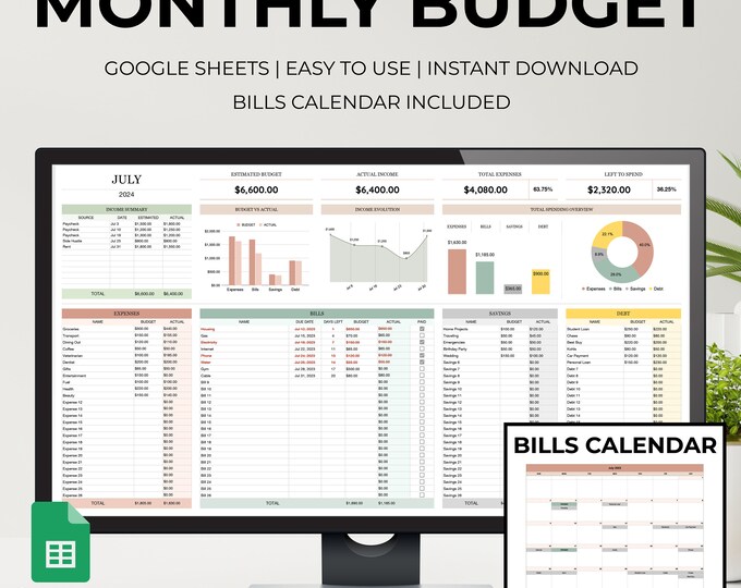 Monthly Budget Spreadsheet Template for Google Sheets (digital Download ...