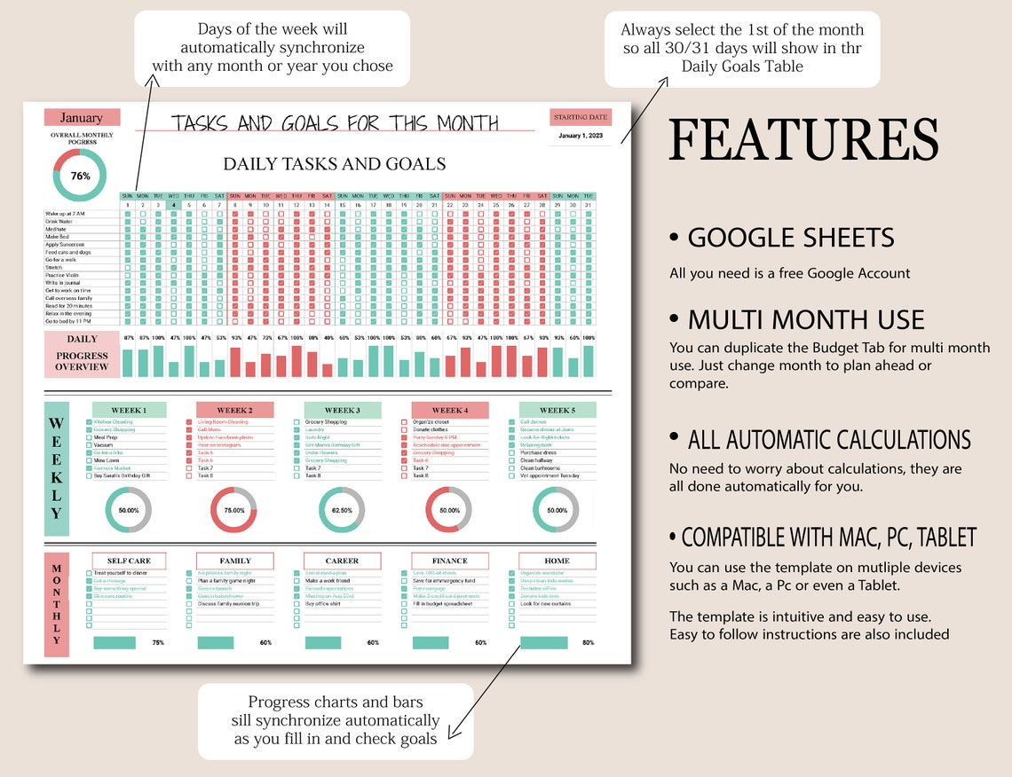 Habit Tracker Google Sheets Template: Weekly, Monthly Goal Planner ...