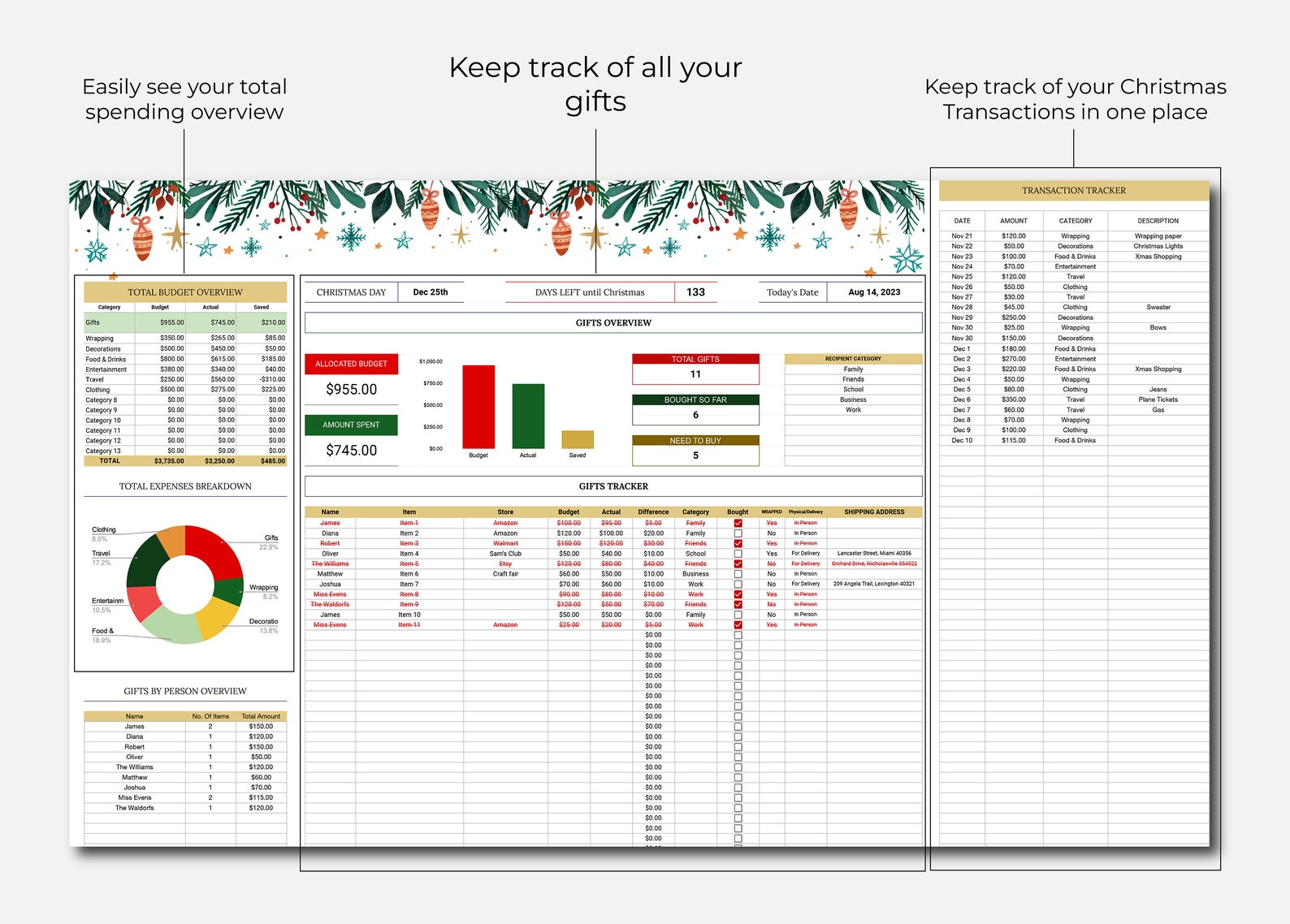 Christmas Planner Spreadsheet: Gift Tracker Google Sheets (digital ...