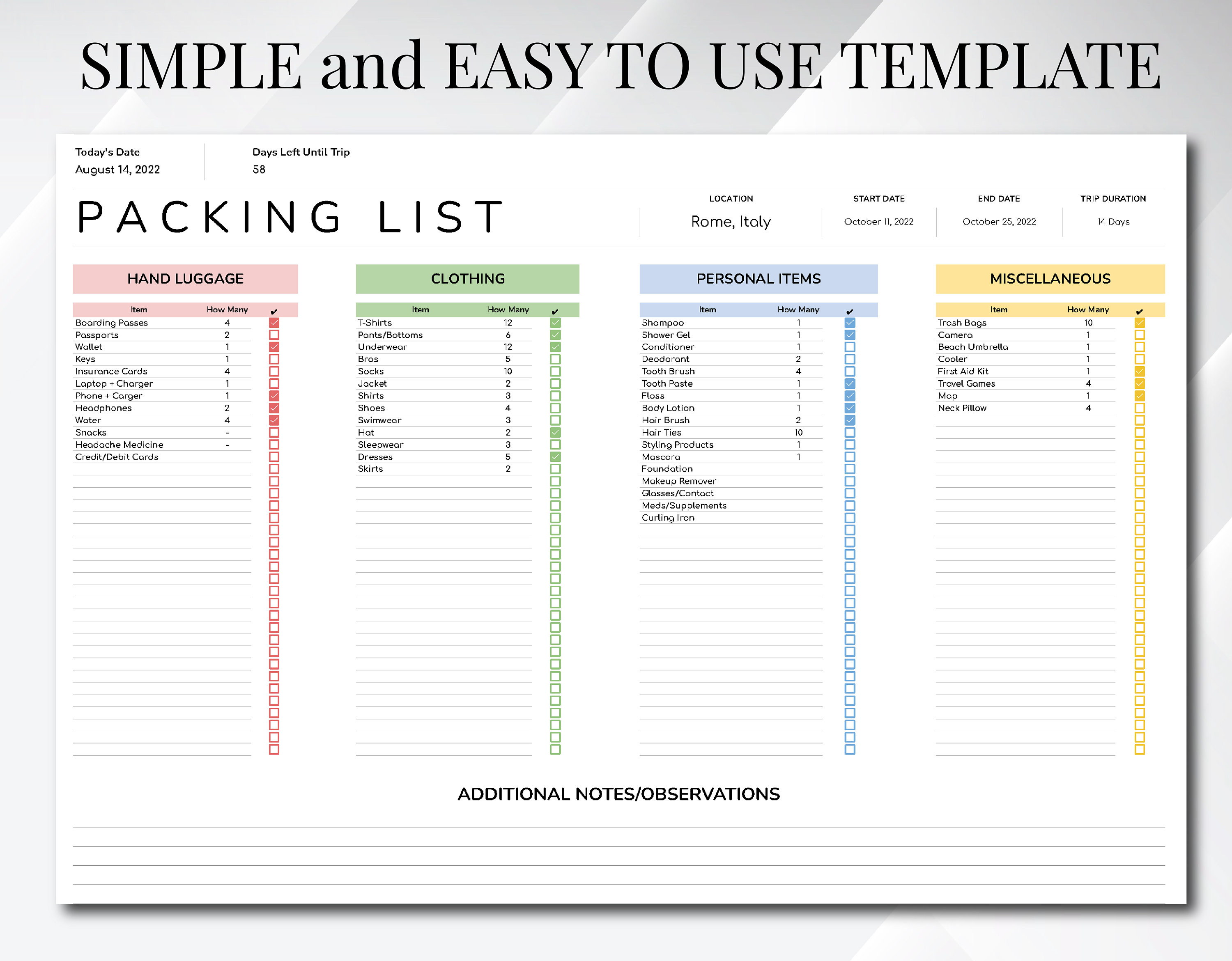 Packing List Editable Template | Google Sheets Packing List Spreadsheet ...